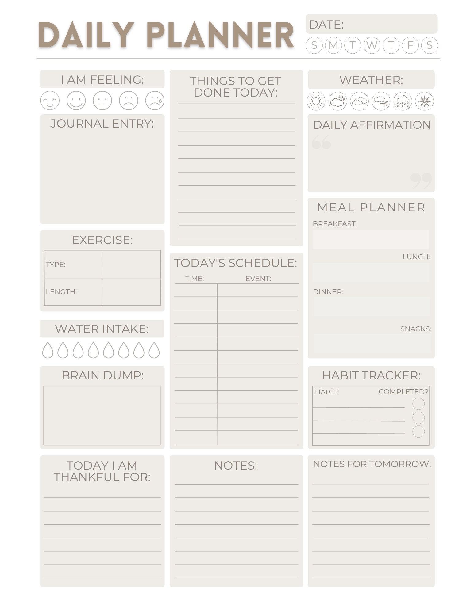 Undated Daily Planner Printable, Daily Printable Insert, Health Tracker ...