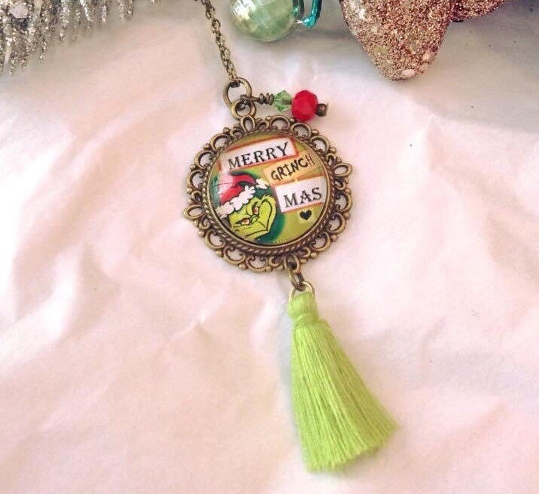 Christmas Necklace, "grinch" Themed, Glass Pendant Necklace - Etsy