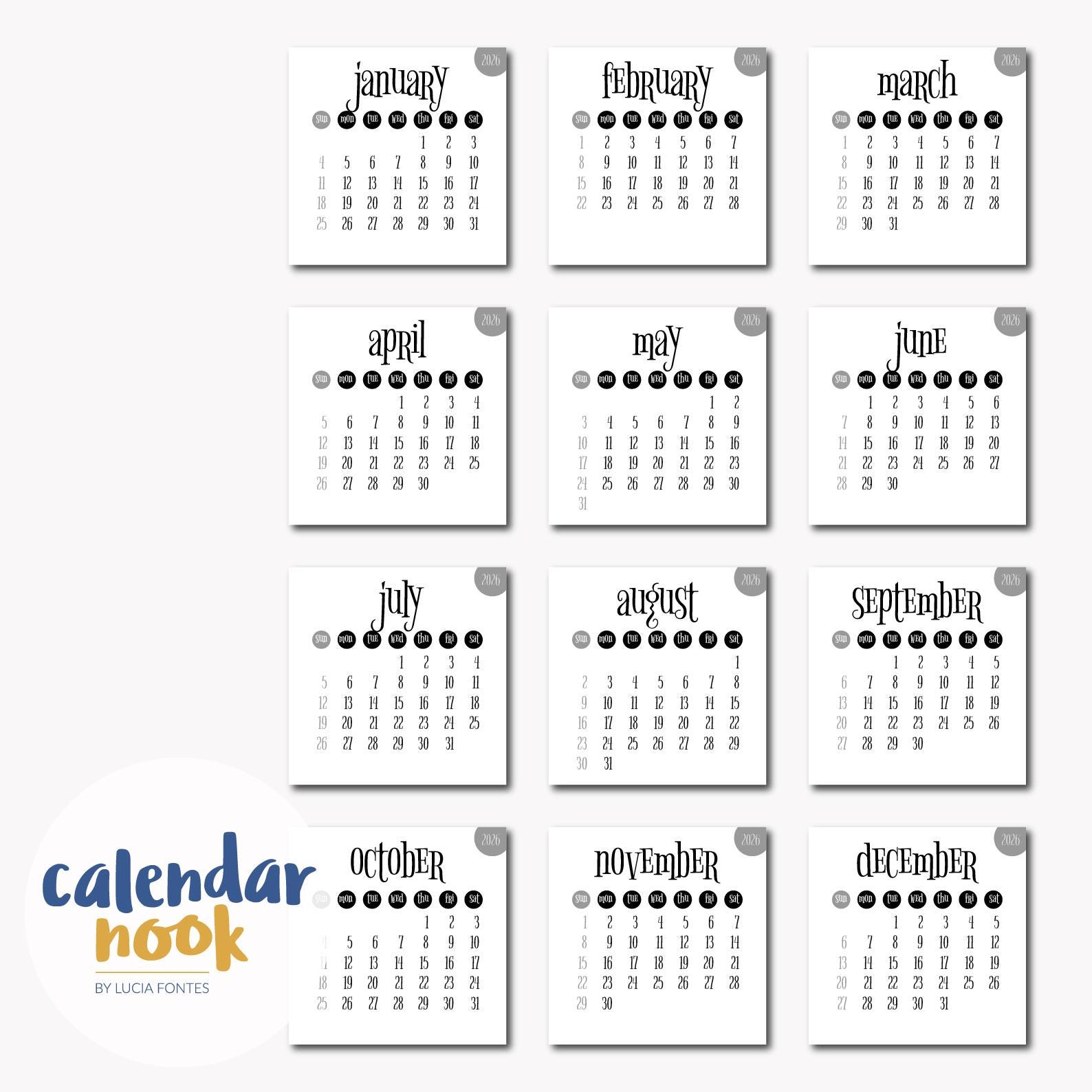 Minimalist 2026 Mini Calendar: Fun 3x3 Inch Printable (letter Size PDF Download) - Etsy