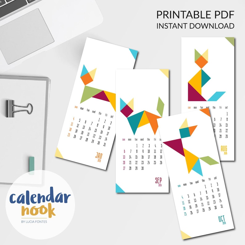 2026 Tangram Cats Calendar: 3x7 Inch Printable (letter Size PDF ...