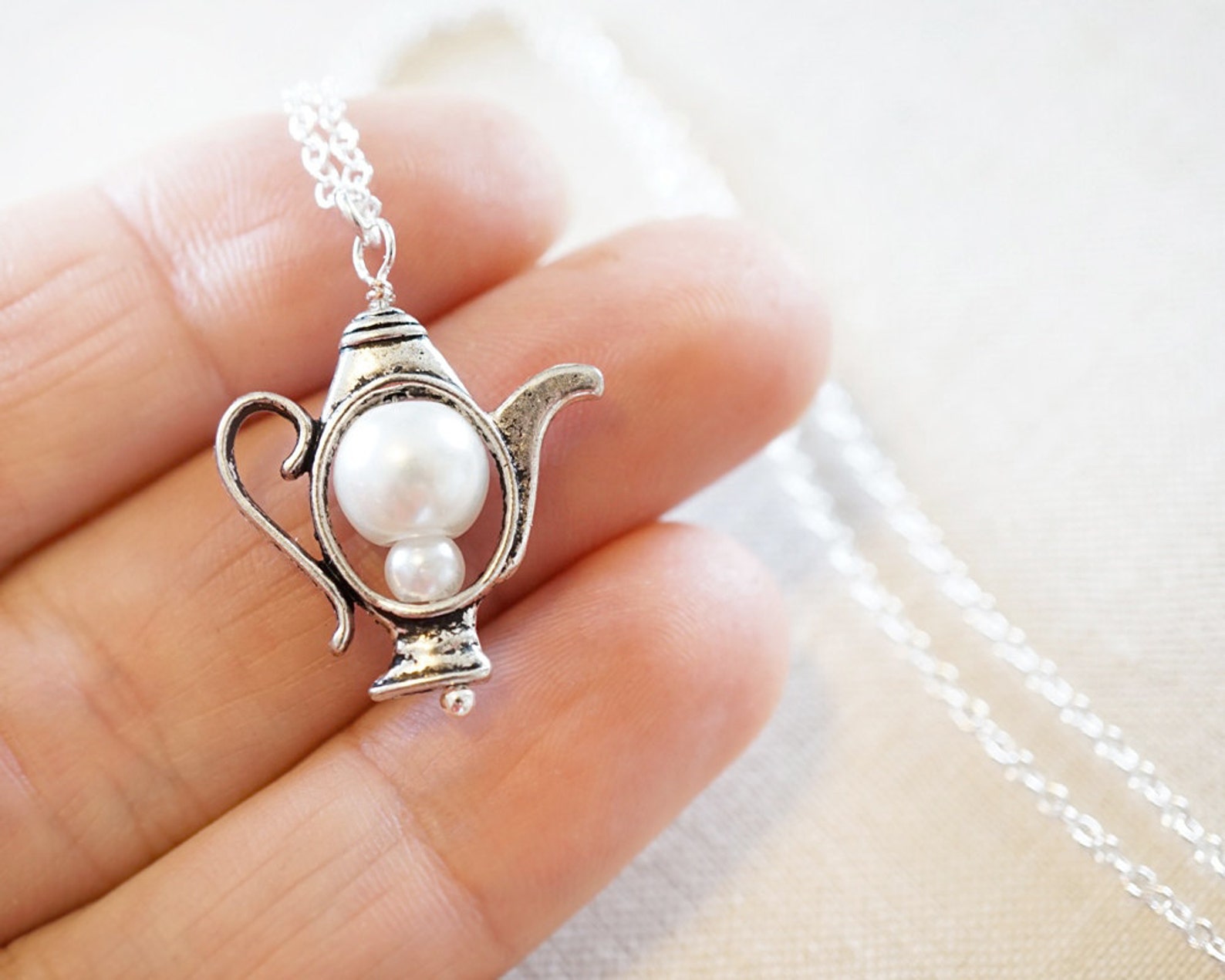 Dainty Art Nouveau White Pearl Teapot Necklace Sterling Silver Chain ...
