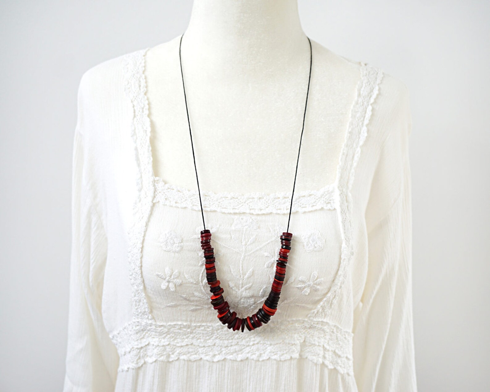 Stacked Button Necklace, Red Color Block Necklace, Hemp Cord Statement ...