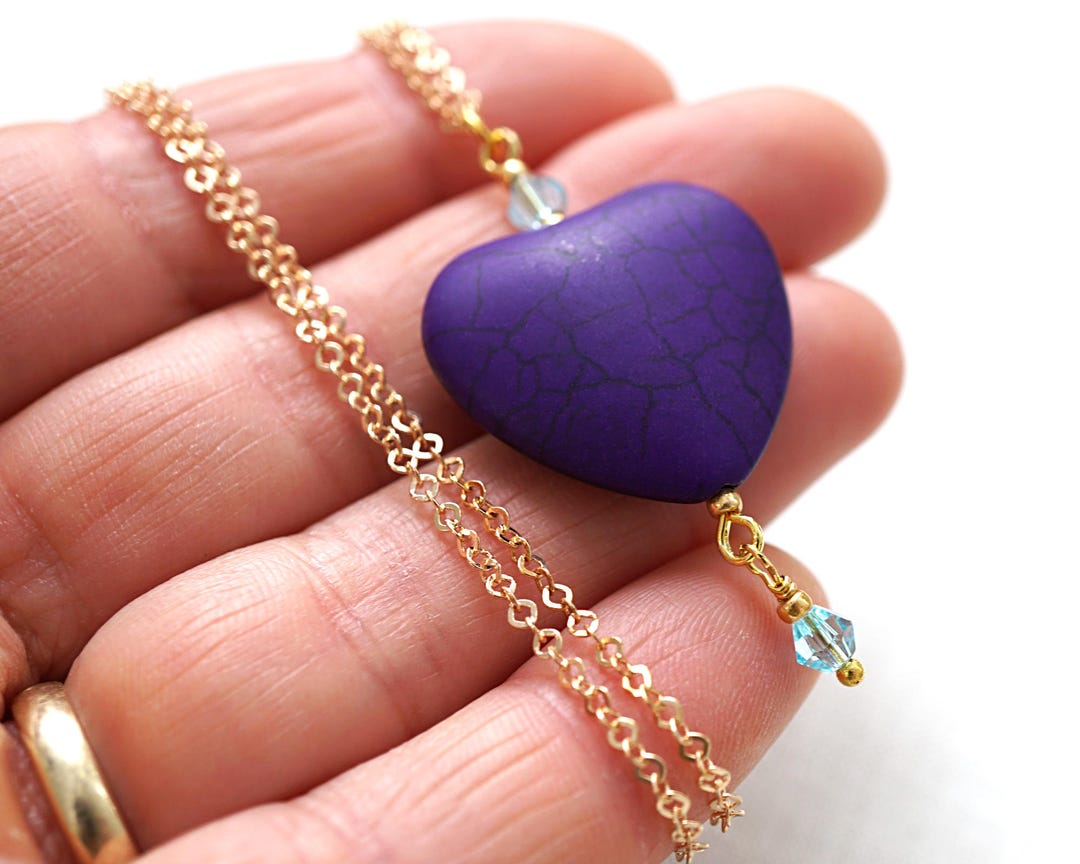 ON VACATION, Purple Stone Heart, Thin Gold Chain, Purple Bridesmaid ...