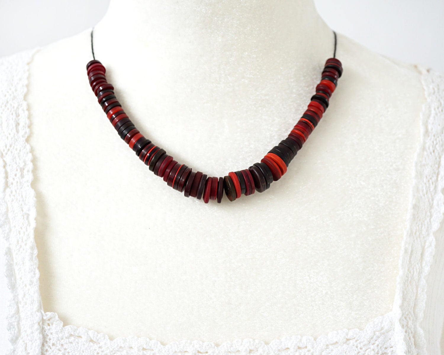 Stacked Button Necklace, Red Color Block Necklace, Hemp Cord Statement ...