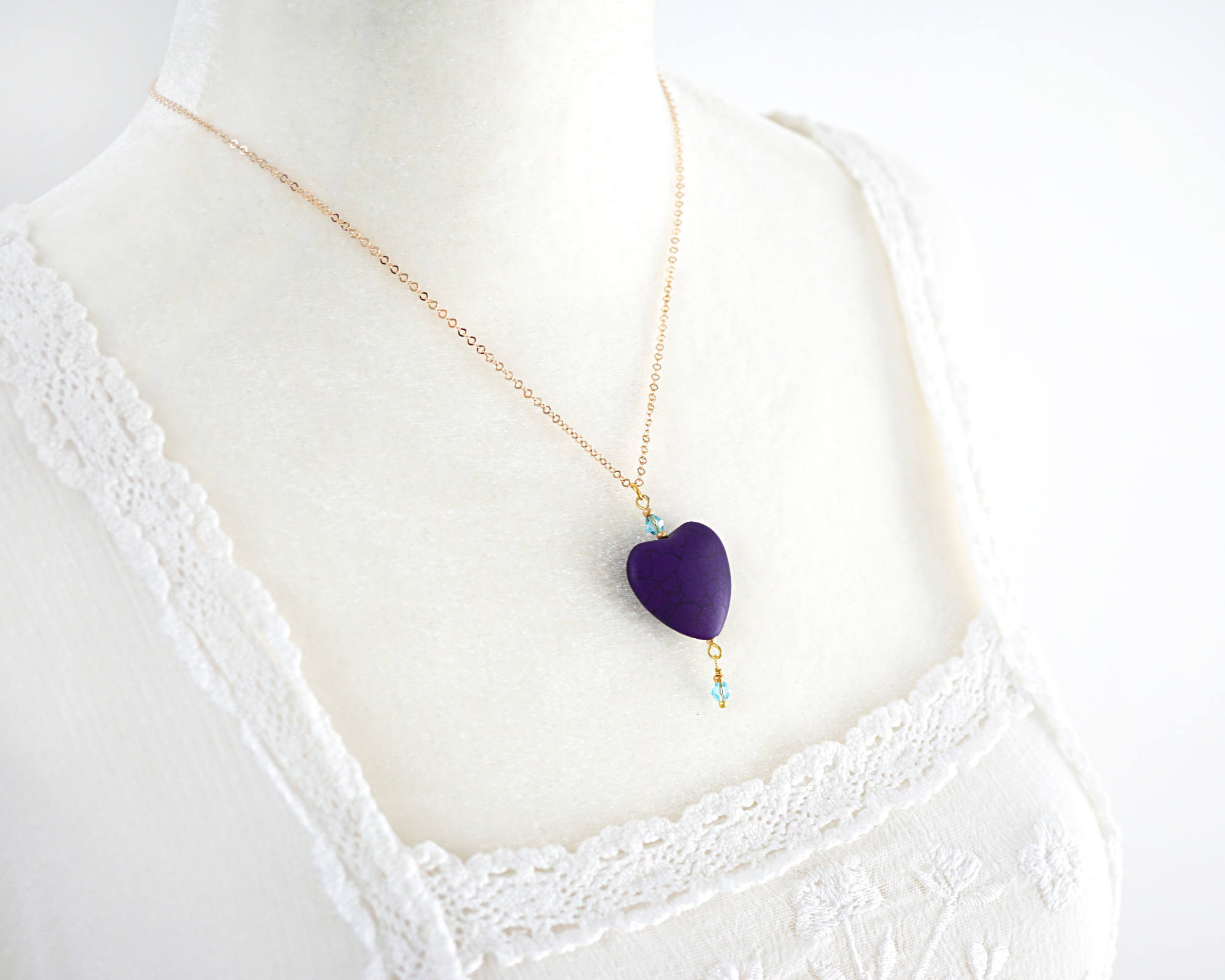ON VACATION, Purple Stone Heart, Thin Gold Chain, Purple Bridesmaid ...