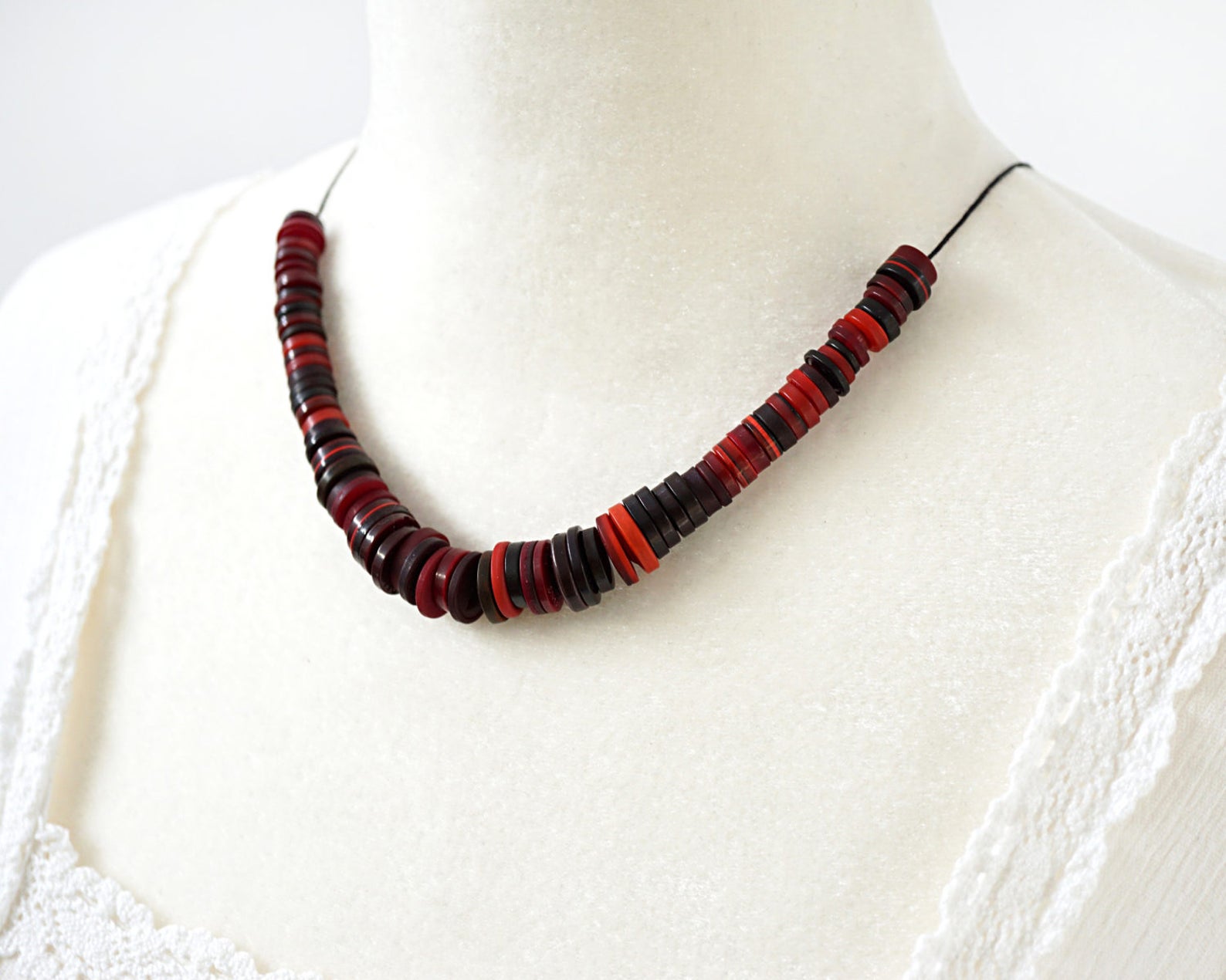 Stacked Button Necklace, Red Color Block Necklace, Hemp Cord Statement ...