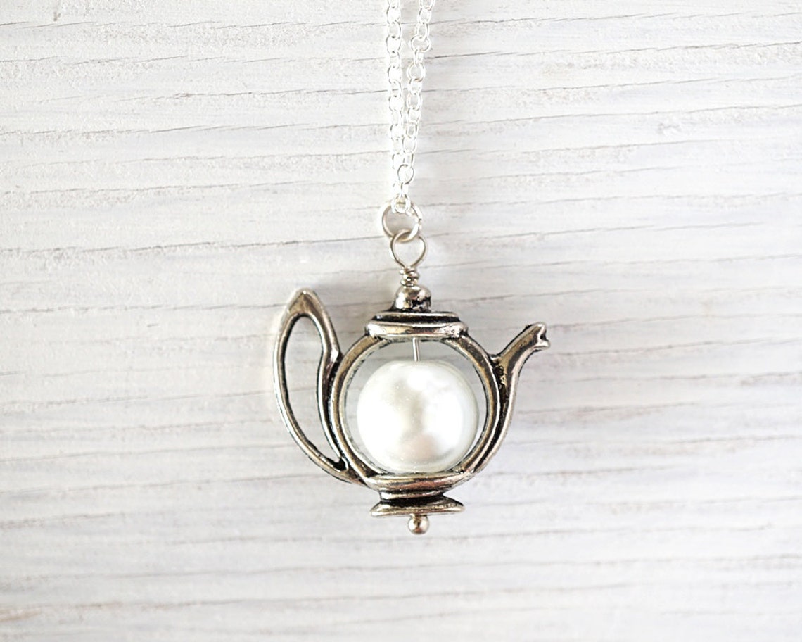 Dainty Miniature Teapot White Pearl Teapot Necklace Sterling Silver ...