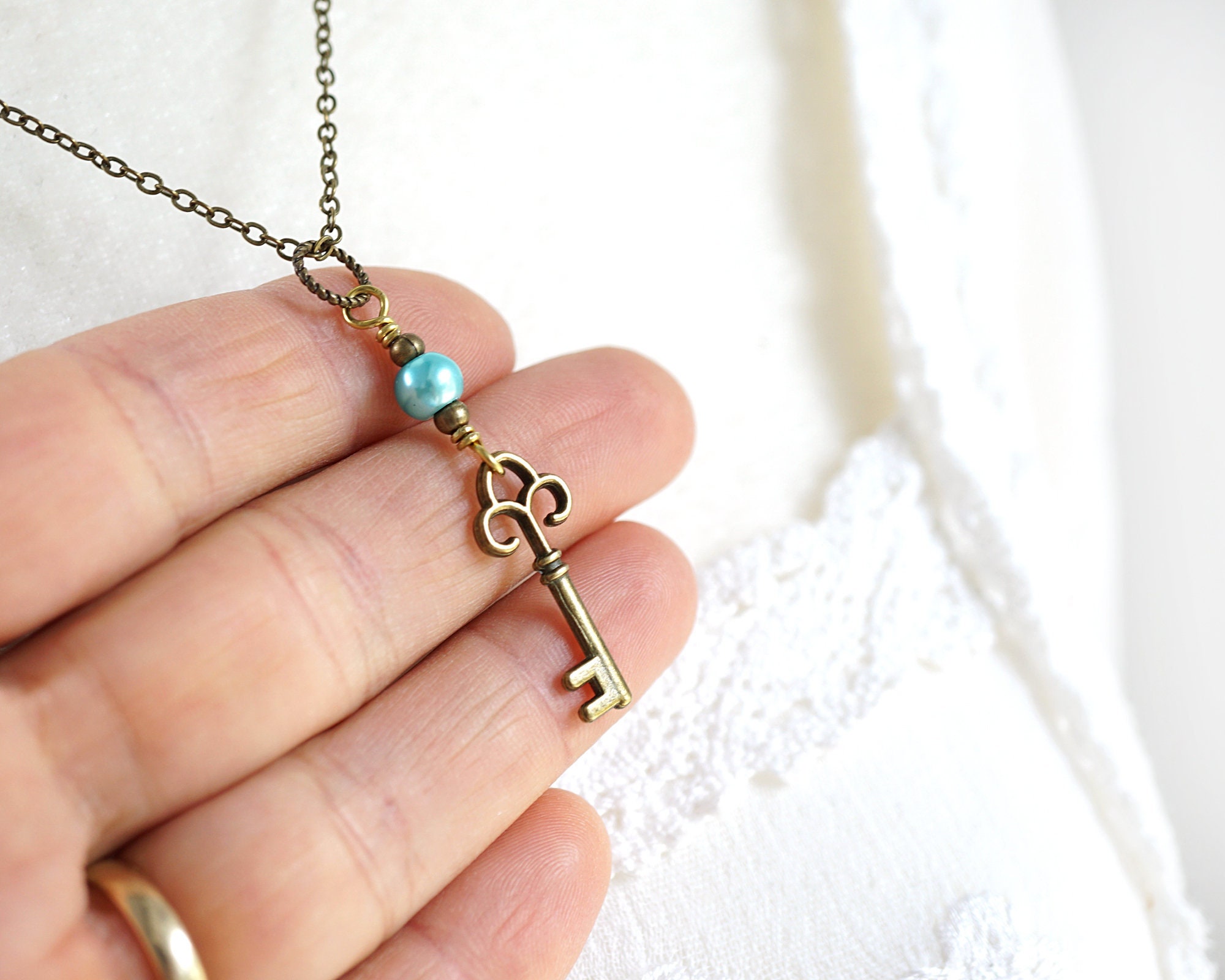 Petite Turquoise Pearl Necklace Tiny Key Necklace Wire Wrapped Skeleton ...