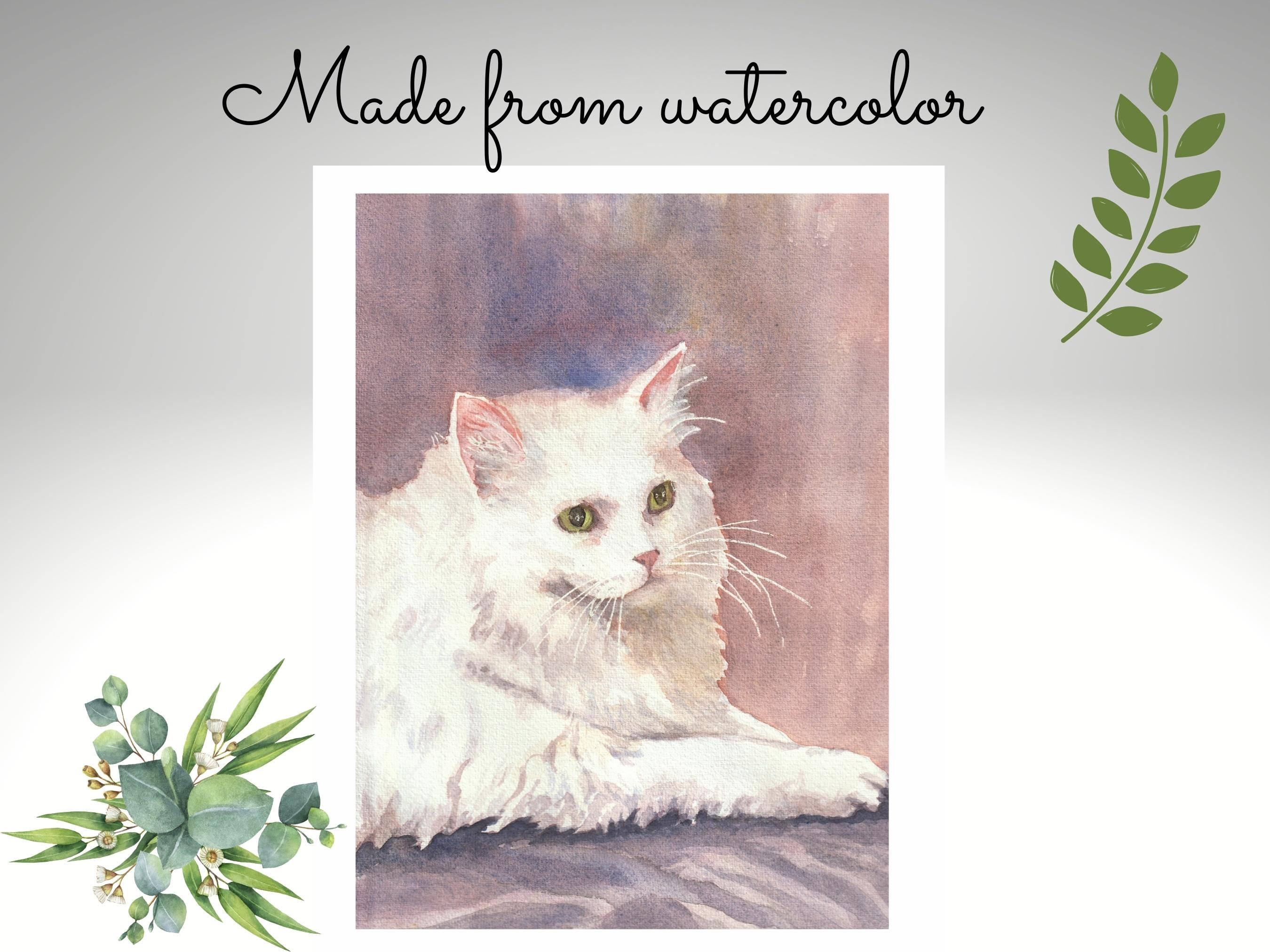 White Cat Long Hair, Original Watercolor Cat Painting, Cat Painting ...