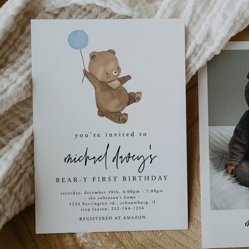Bear Birthday Invitation Bear-y First Birthday Cute Bear - Etsy
