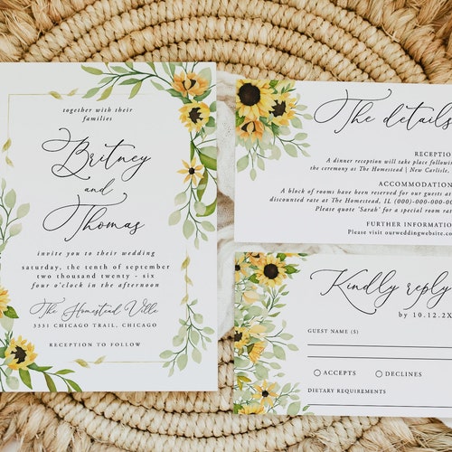Sunflower Themed Printable Wedding Invitation Set Editable - Etsy