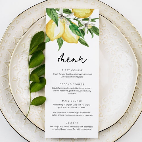 Lemon Menu Template Citrus Menu Printable Wedding Dinner | Etsy