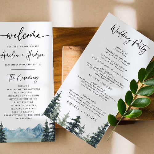 Mountain Wedding Program Template Pine Wedding Program - Etsy
