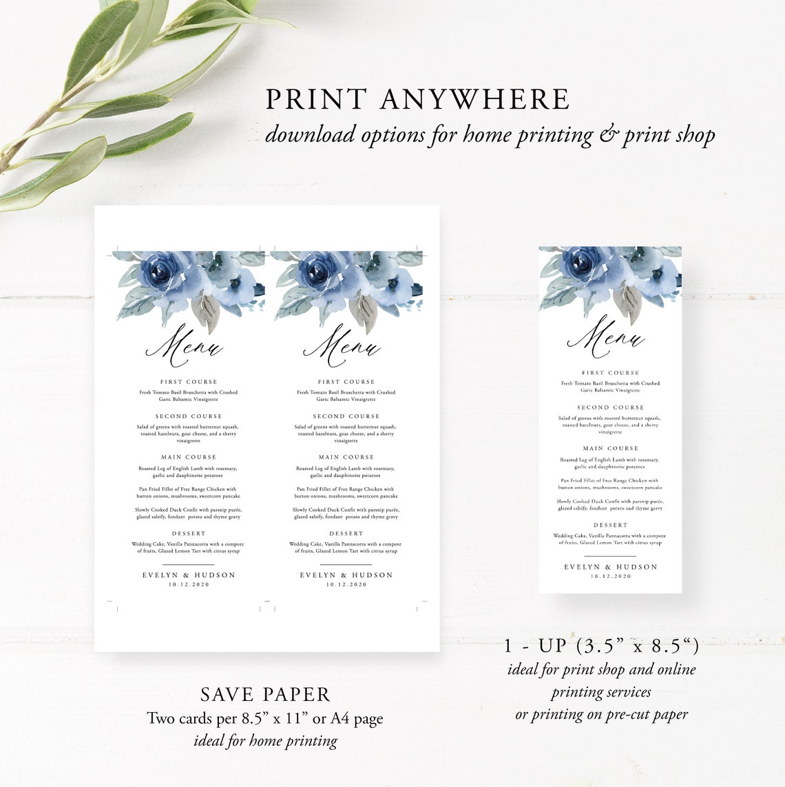 Dusty Blue Menu Template Blue Flower Menu Printable Wedding | Etsy