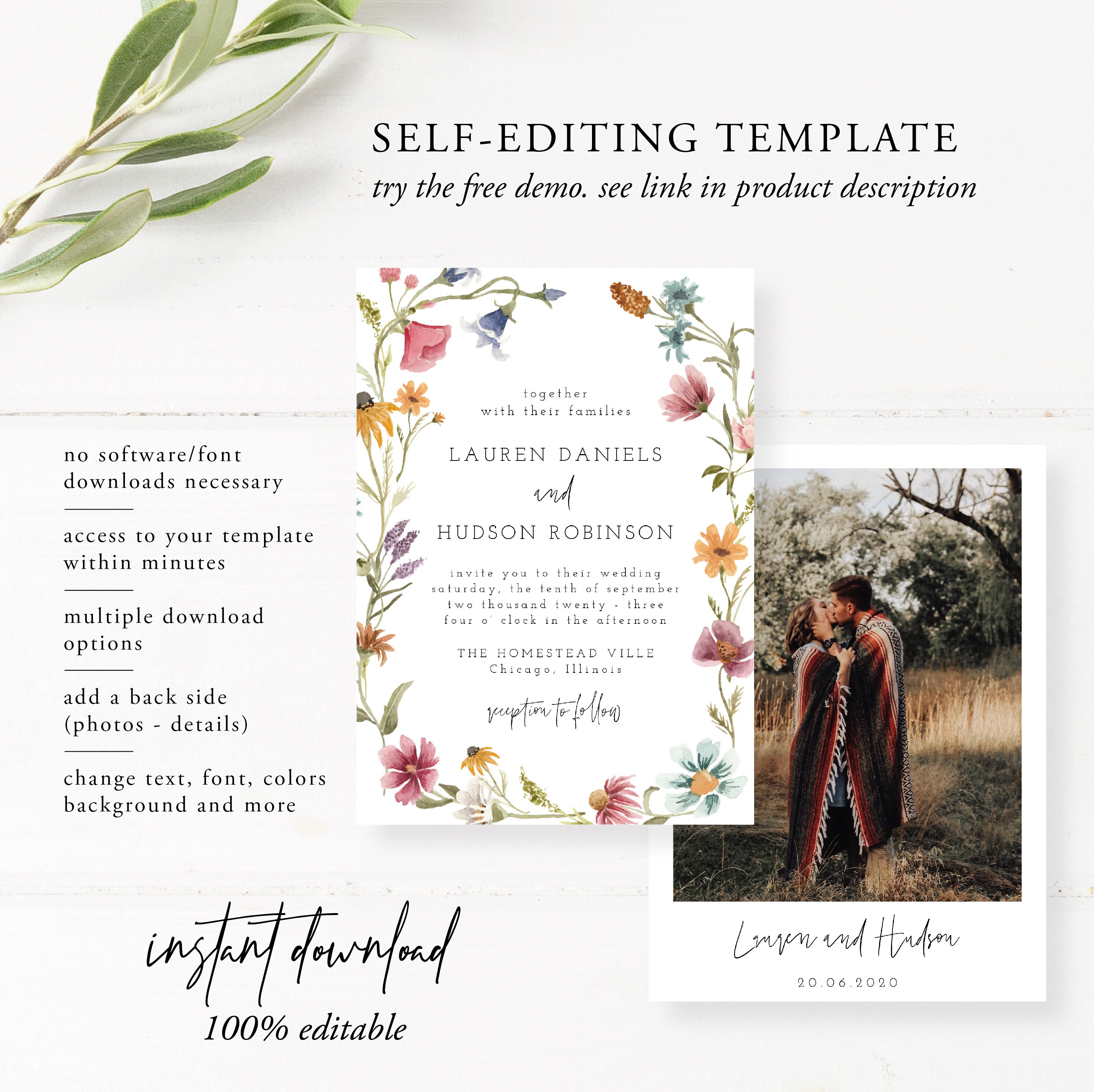 Wildflowers Wedding Invitation Template Wild Flowers Wreath | Etsy