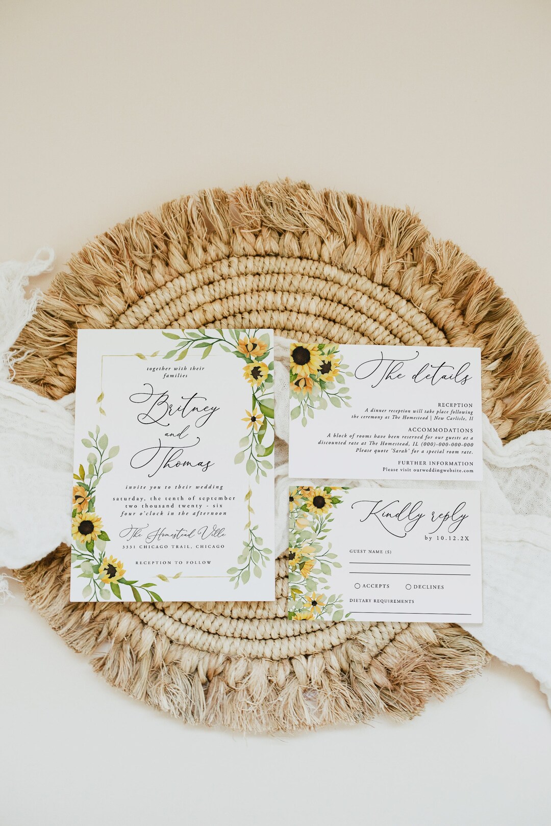 Sunflower Wedding Invitation Template Set, Sunflower Wedding Invitation ...