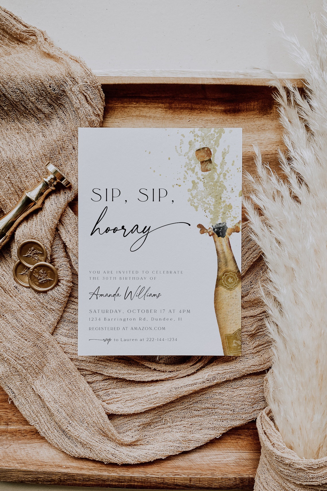 Sip Sip Champagne Minimalist Birthday Party Invitation, Printable ...