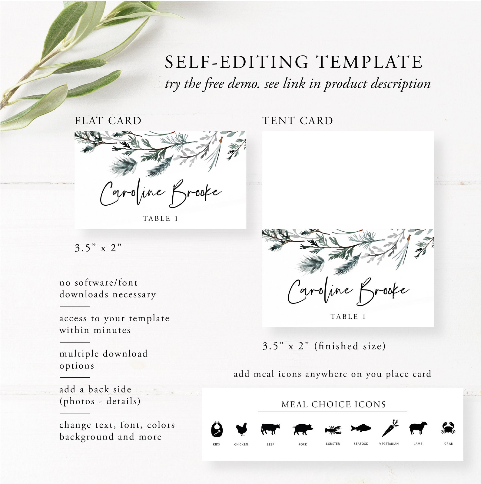 Winter Place Card Template Printable Place Cards Winter Pine | Etsy