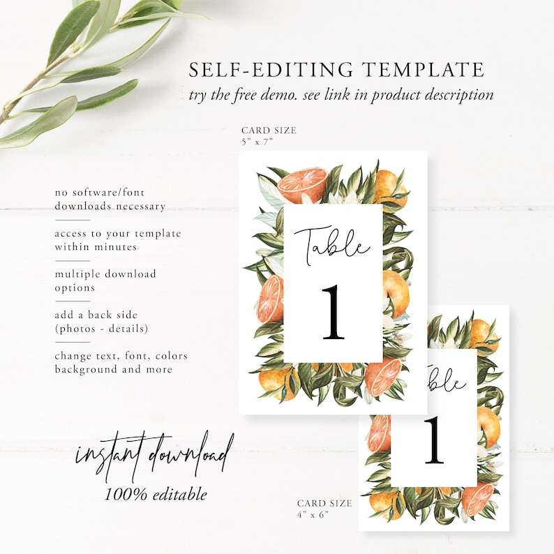 Citrus Table Number Card Template, Citrus Table Number, Orange Wedding ...