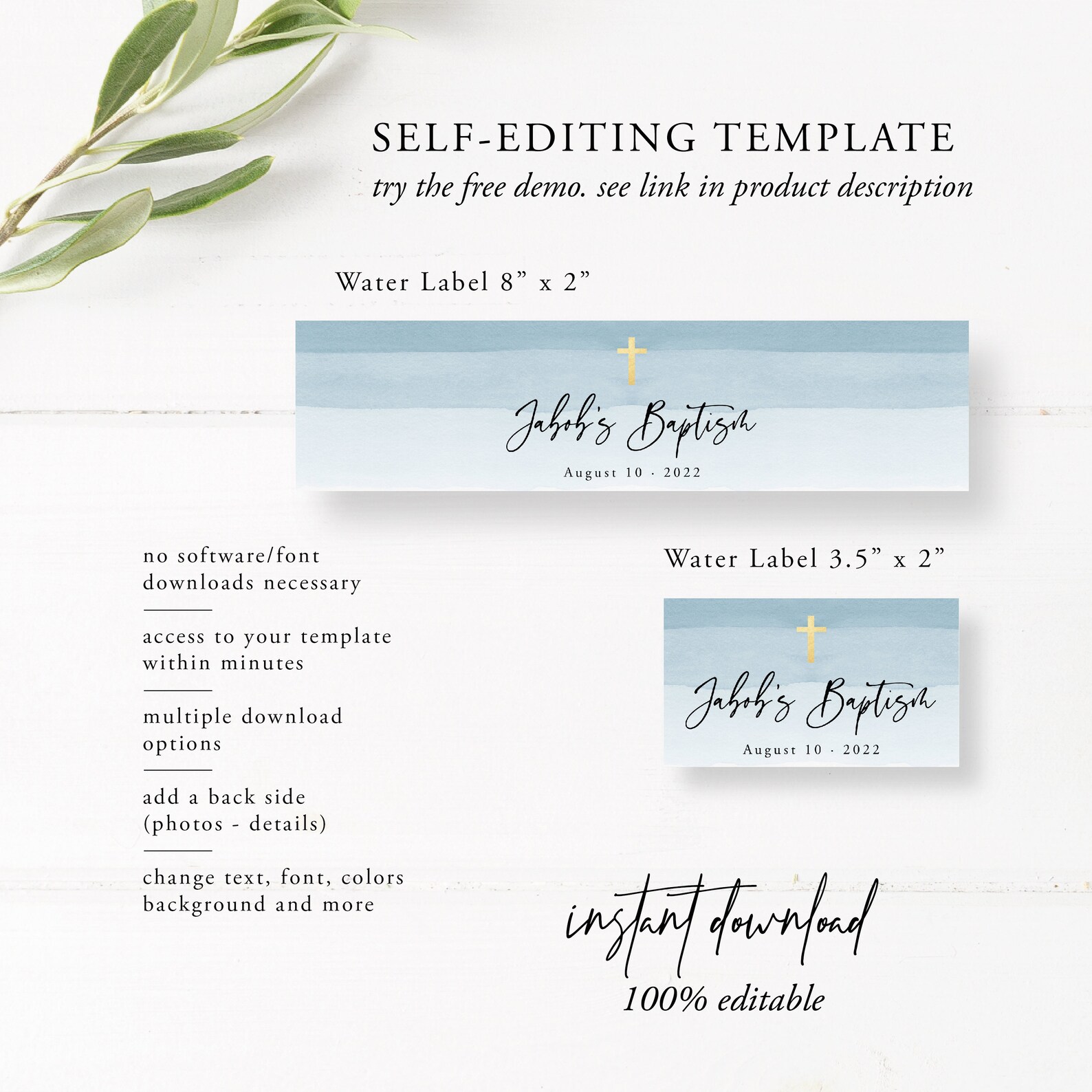 Baptism Bottle Label, Light Blue Baptism, Gold, Baptism Water Label ...