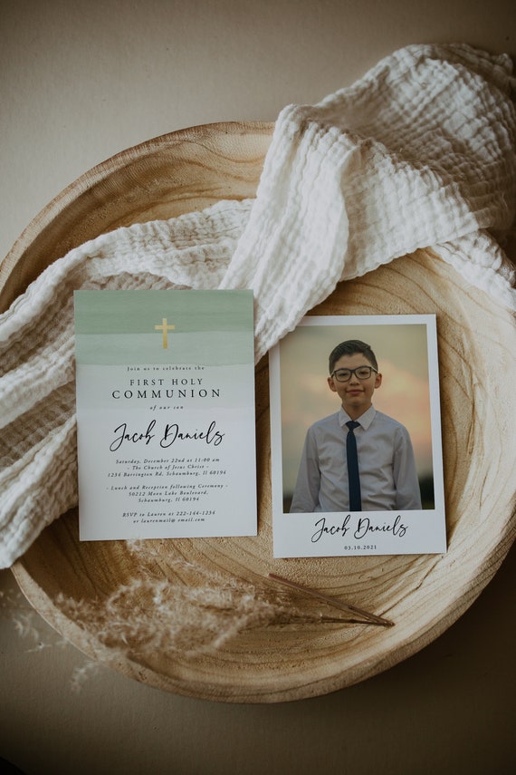 Green Watercolor First Communion Invitation Template First - Etsy