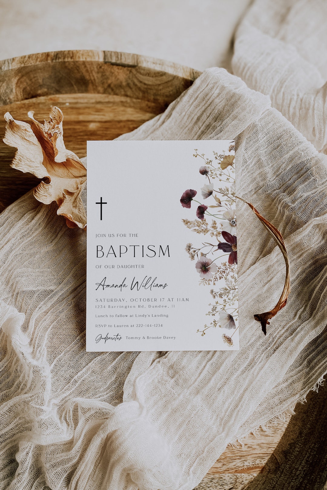 Girls Baptism Invitation, Wildflower Baptism Invitation Template ...