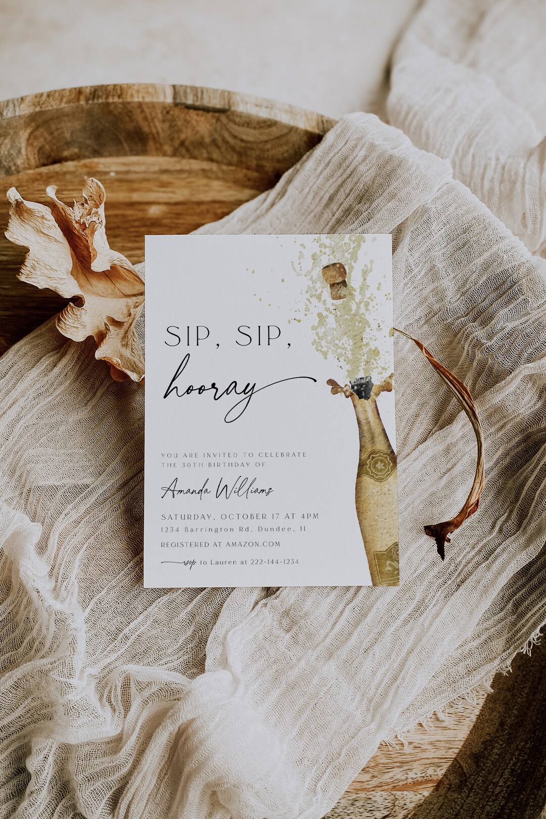 Sip Sip Champagne Minimalist Birthday Party Invitation, Printable ...