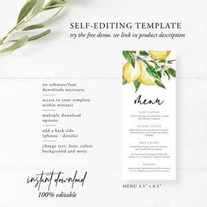 Lemon Menu Template, Citrus Menu, Printable Wedding Dinner Menu Card ...