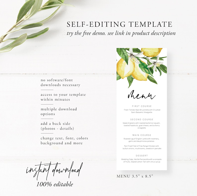 Lemon Menu Template Citrus Menu Printable Wedding Dinner | Etsy