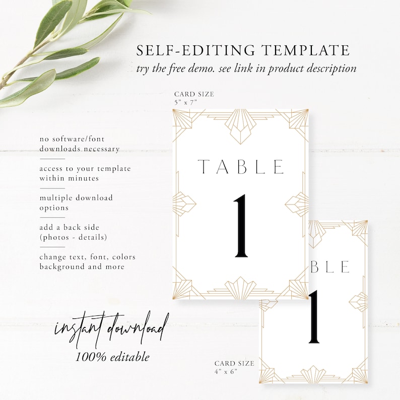 Art Deco Table Number Card Template Gold Art Deco Wedding - Etsy