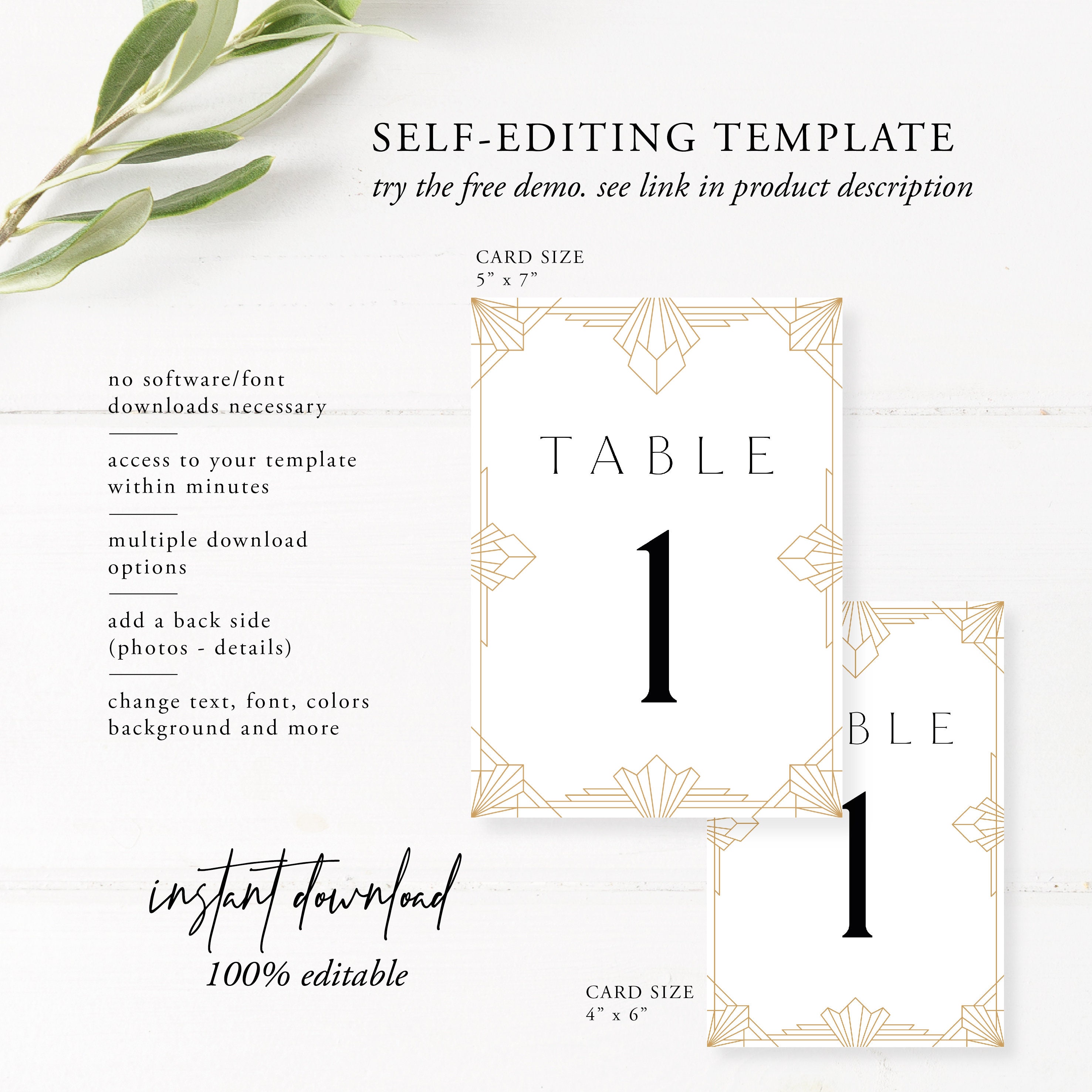 Art Deco Table Number Card Template Gold Art Deco Wedding - Etsy