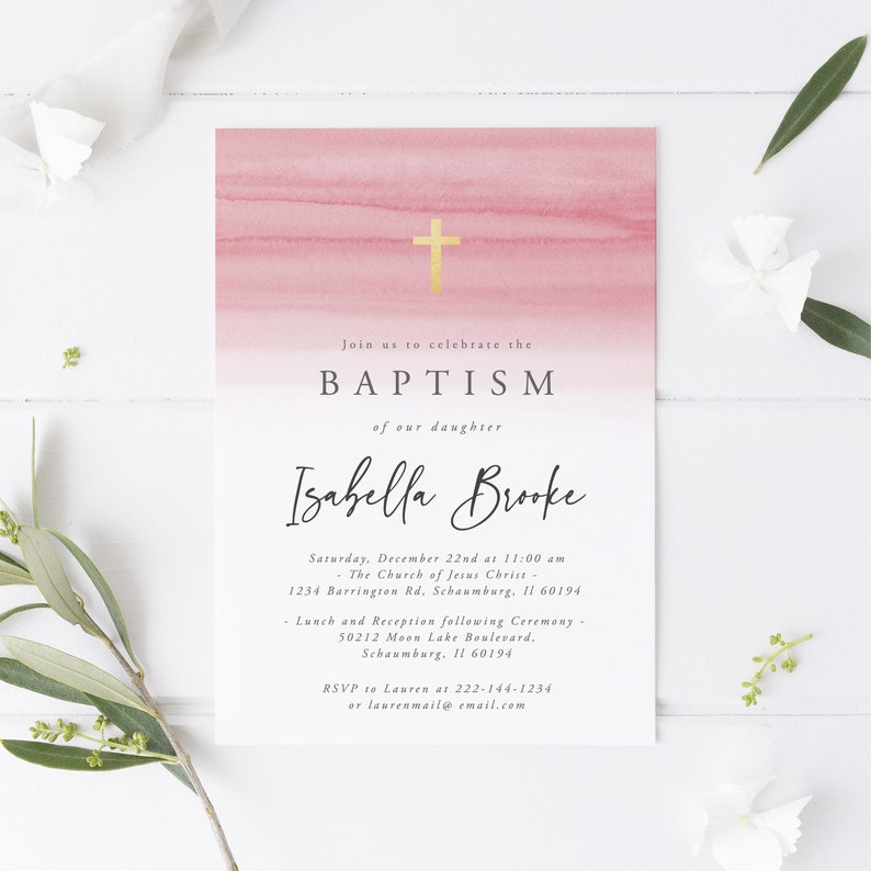 Pink Watercolor Baptism Invitation Template, Baptism Invitation Girl ...