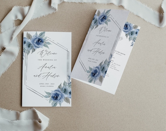 Dusty Blue Wedding Program Template Foldable Blue Floral - Etsy
