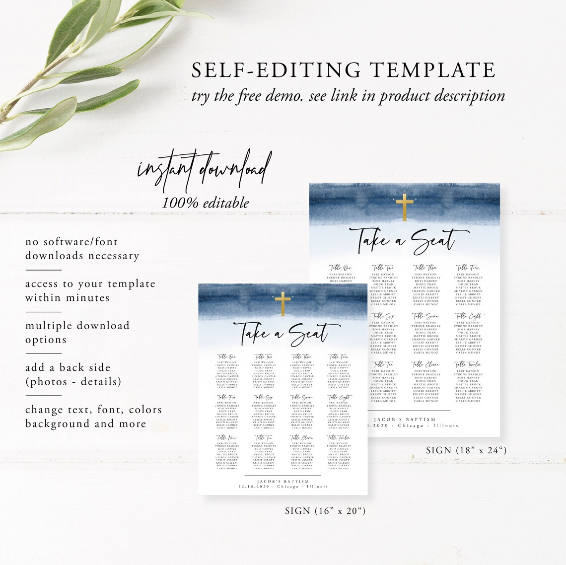 Baptism Seating Chart Poster Blue Baptism Printable Baptism - Etsy