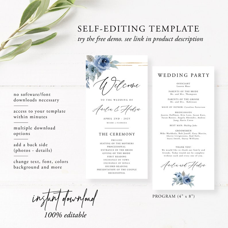 Dusty Blue Wedding Program Template Blue Floral Wedding - Etsy