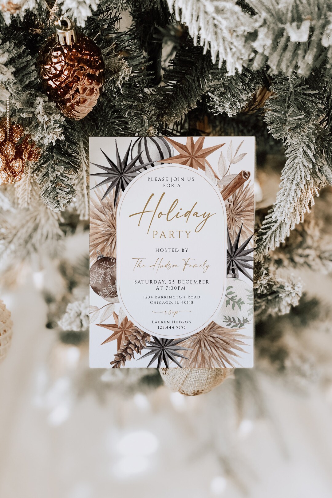 Holiday Party Invitation, Editable Party Invite, Boho Winter Invitation ...