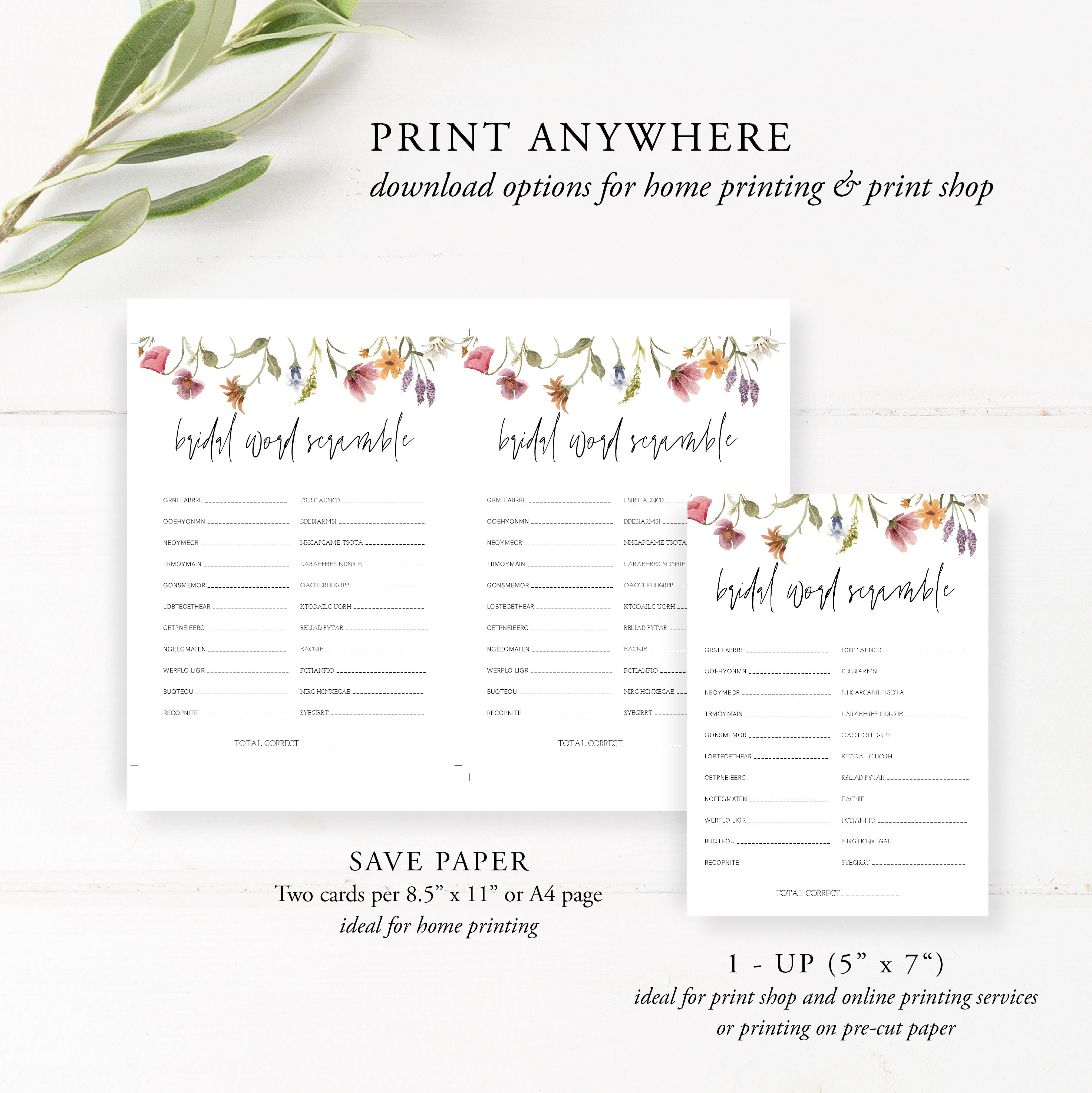 Wildflower Word Scramble Bridal Shower Game Template, Wildflower Bridal ...