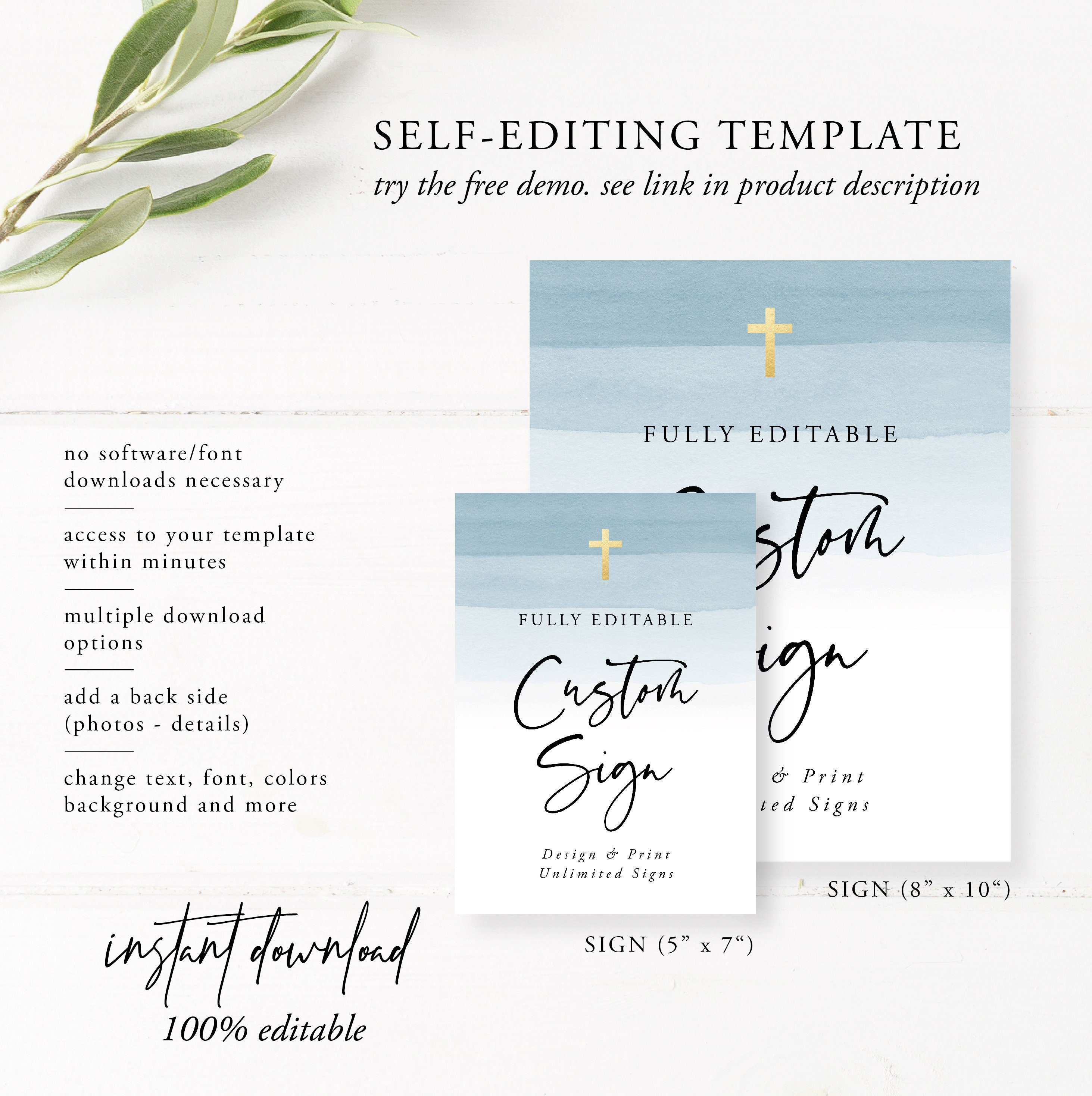 Blue Baptism Custom Sign Template Light Blue Watercolor | Etsy