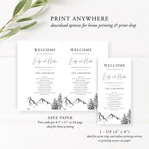 Mountain Wedding Program Template, Pine Wedding Program, Rustic Wedding Program, Printable ...