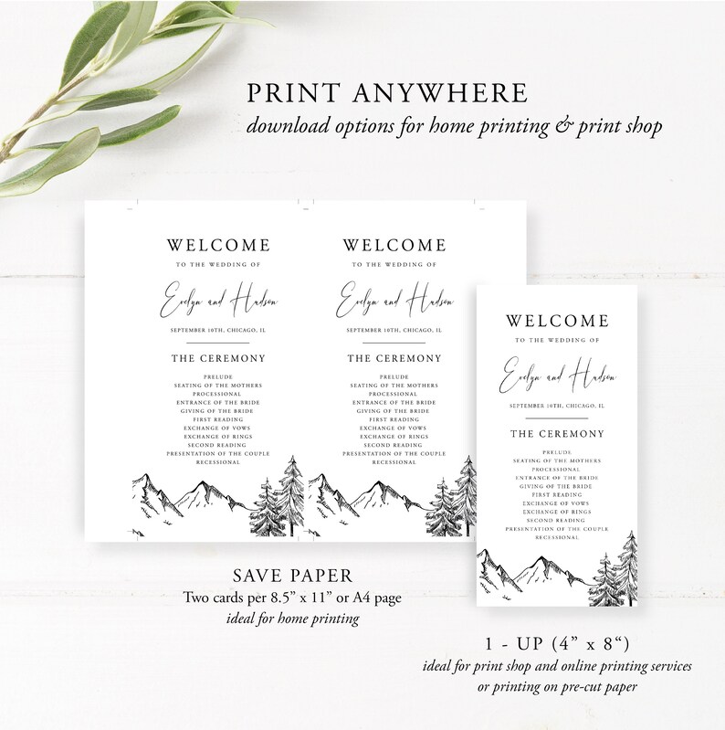 Mountain Wedding Program Template Pine Wedding Program - Etsy