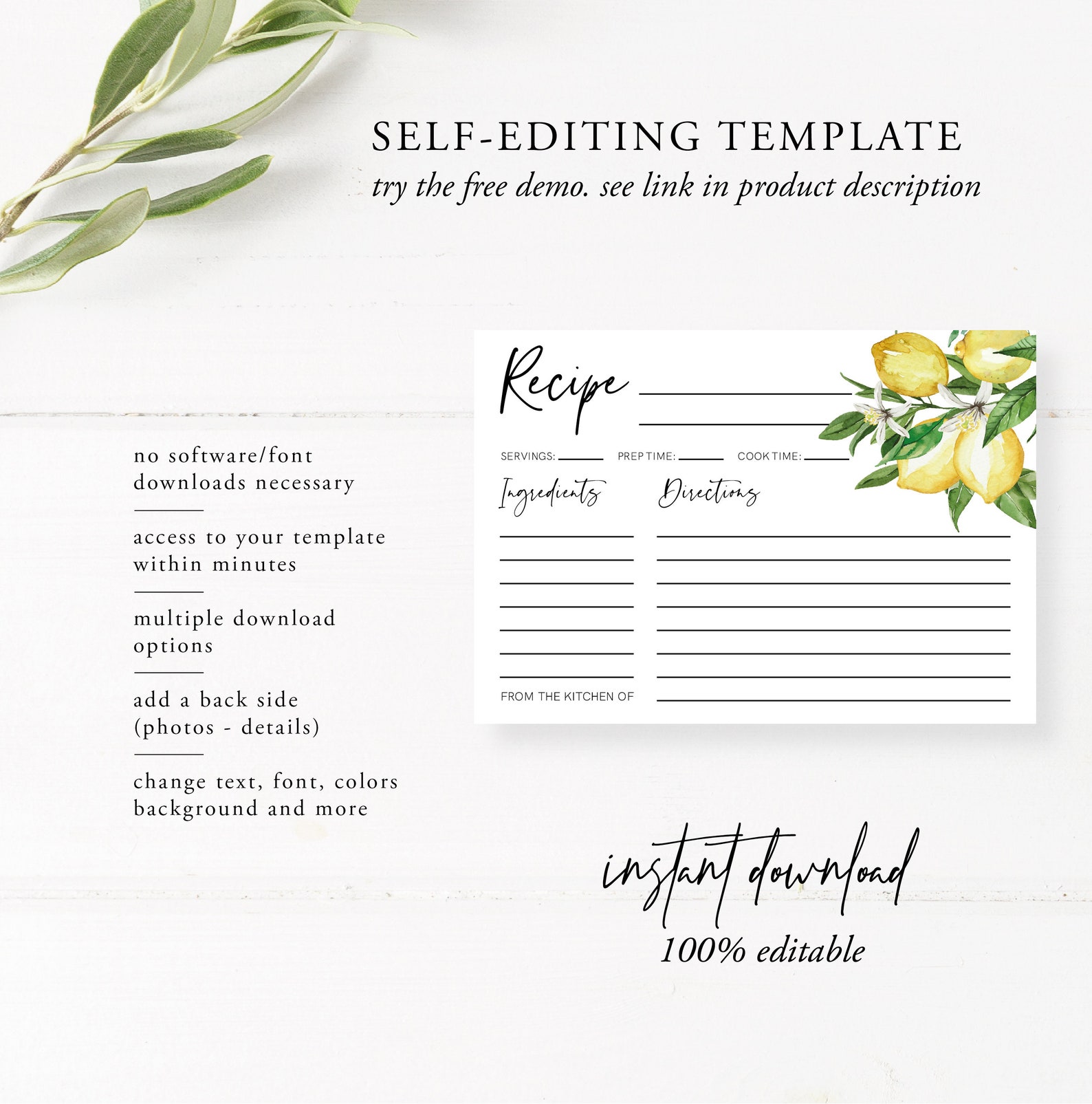 Lemon Recipe Card Template, Citrus Bridal Shower Recipe Insert ...