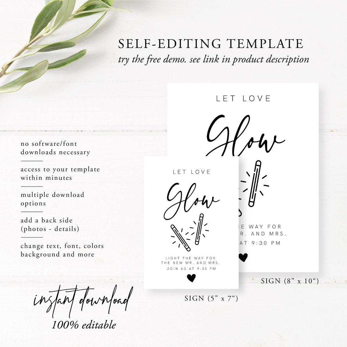 Let Love Glow Wedding Sign Template, Minimalist , Modern Glow Stick ...