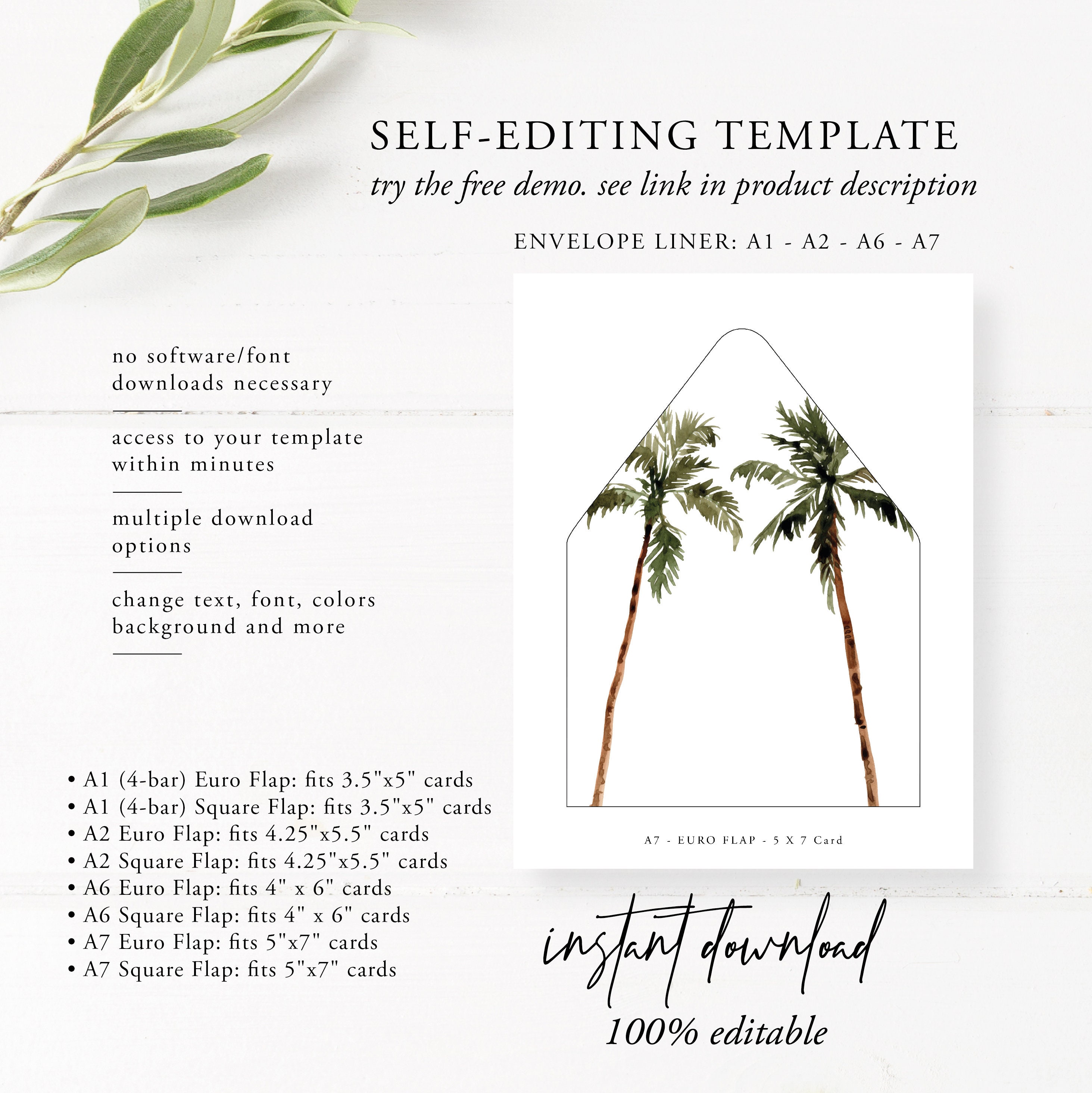 Palm Envelope Liner Template, Printable Tropical Envelope Flap ...