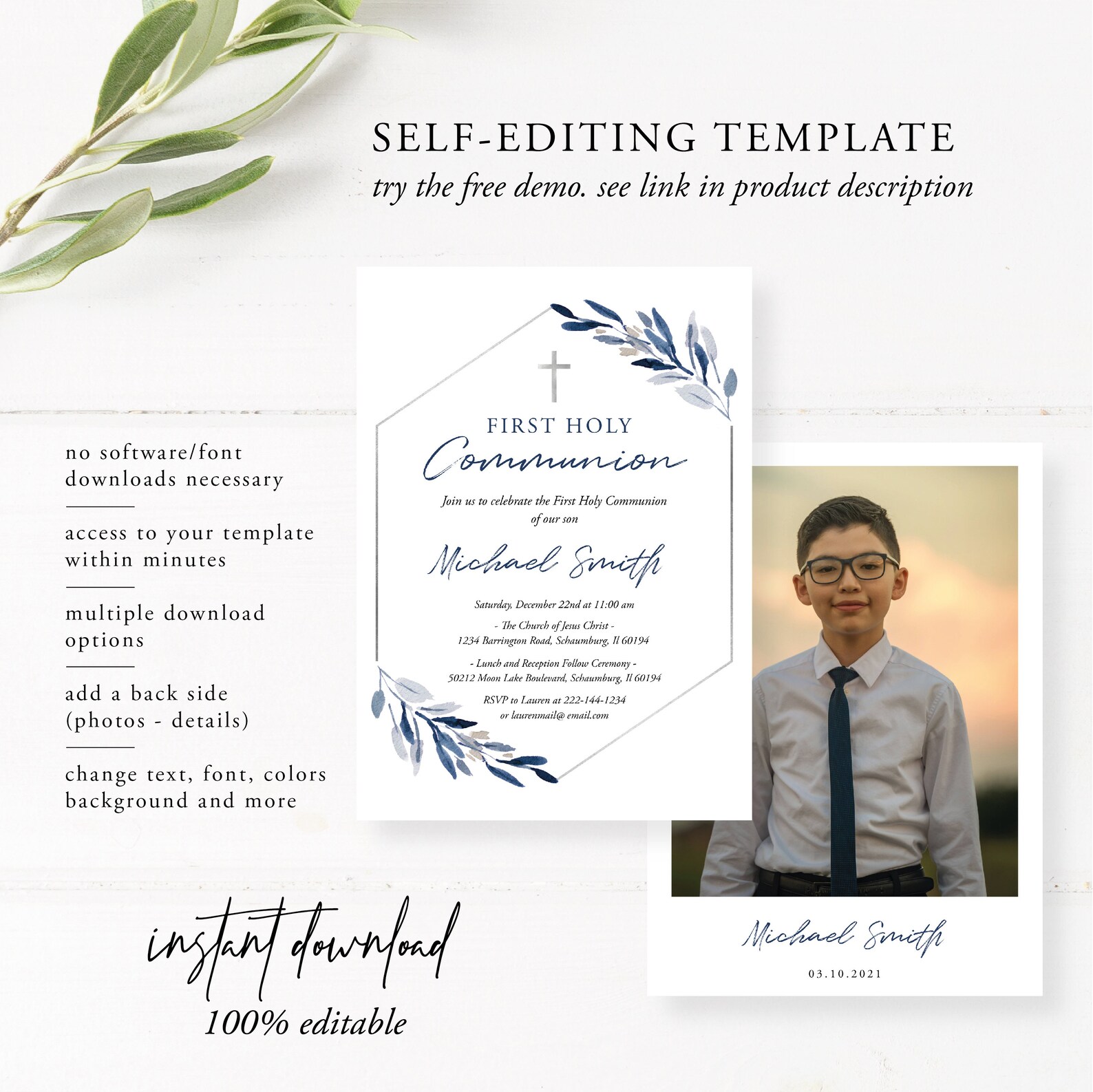 Blue Silver Communion Invitation Boy Greenery Communion | Etsy