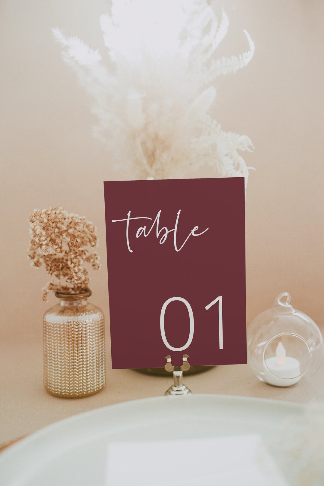 Boho Table Number Card Template, Burgundy Wedding, Wedding Table Number ...