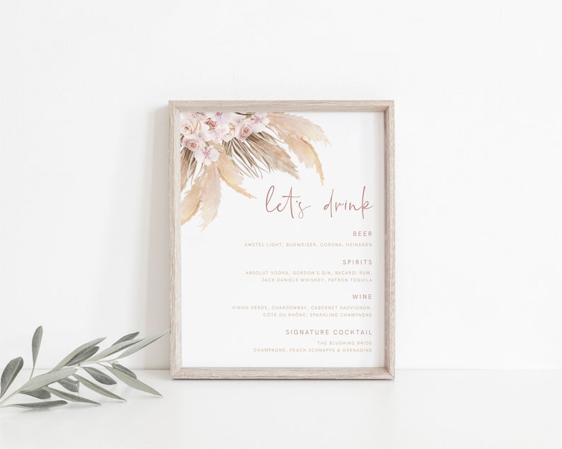 Pampas Wedding Bar Menu Template, 8x10" Pampas Bar Menu Wedding Sign ...
