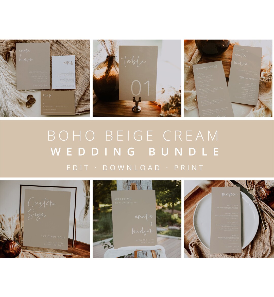 Boho Wedding Bundle, Wedding Essential Template, Beige Invitation Suite ...