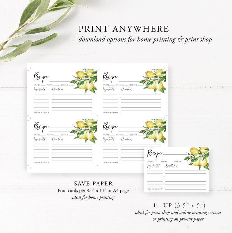Lemon Recipe Card Template, Citrus Bridal Shower Recipe Insert ...