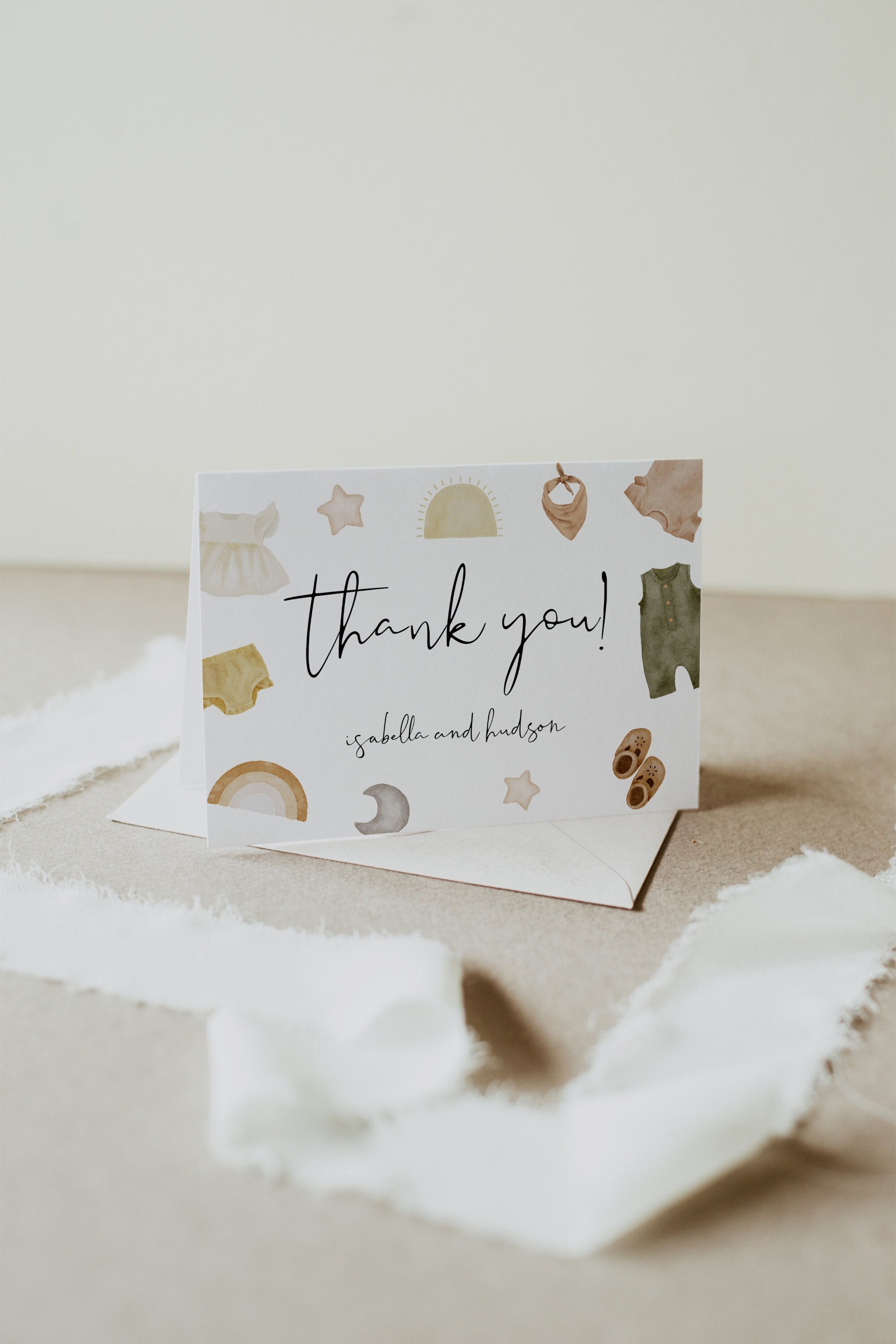 Baby Shower Thank You Card, Boho Baby Shower Thank You, Clothes Baby ...