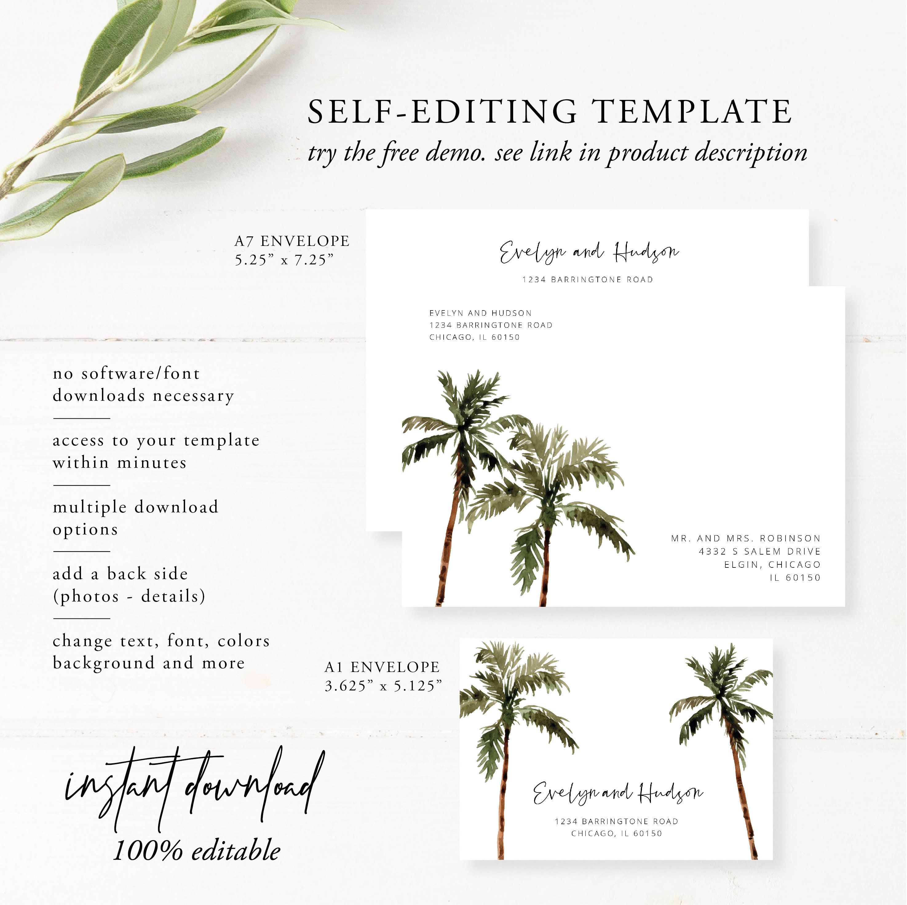 Palm Tree Envelope Template Printable Tropical Wedding - Etsy